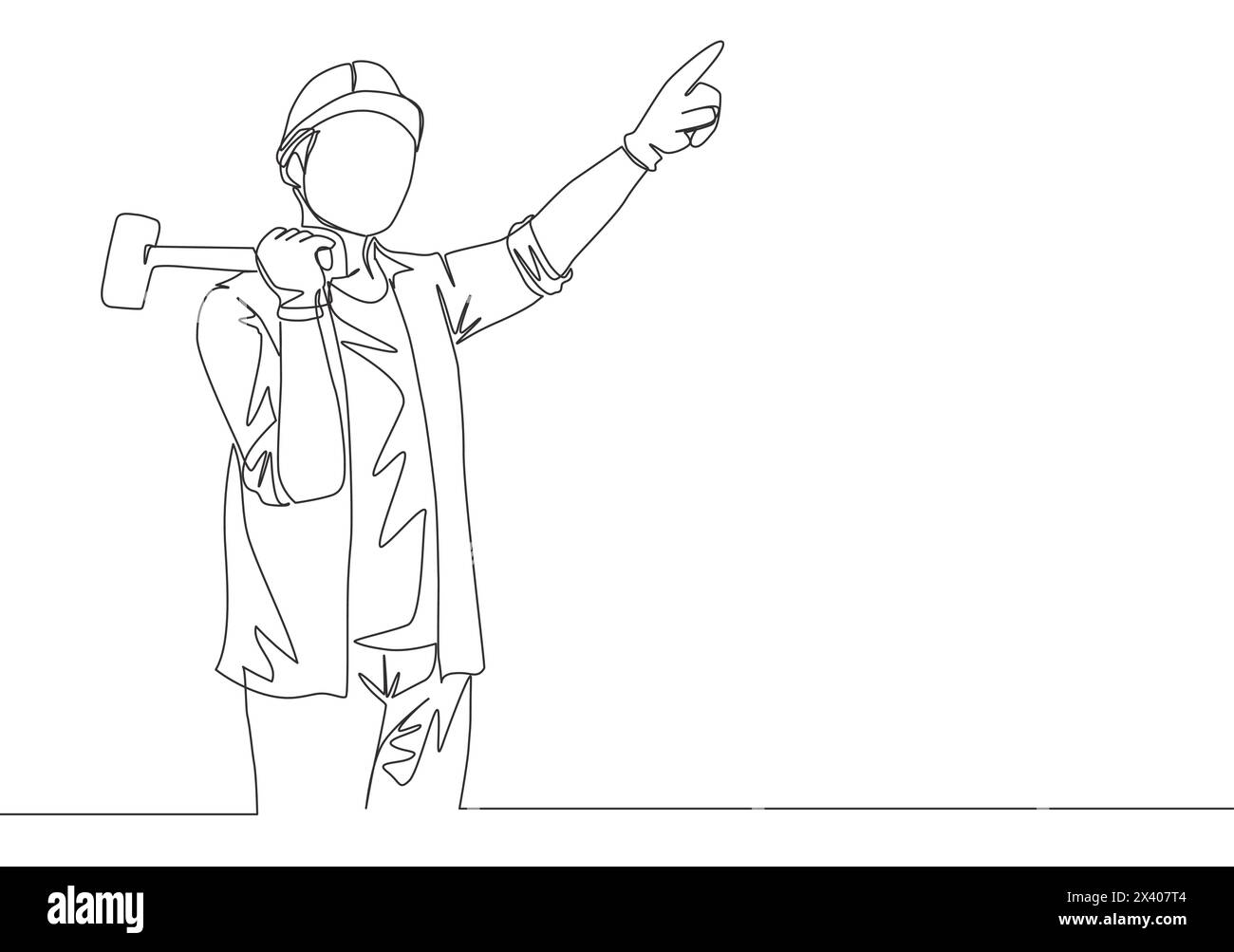 One single line drawing of young attractive handyman holding a hammer ...