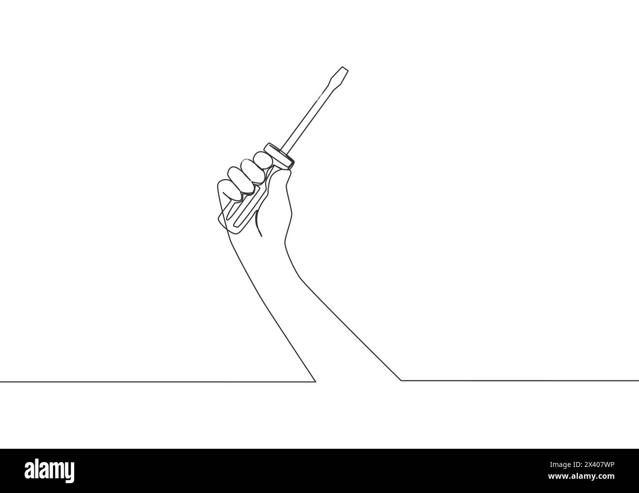 One continuous line drawing of man holding hand screwdriver. Single ...