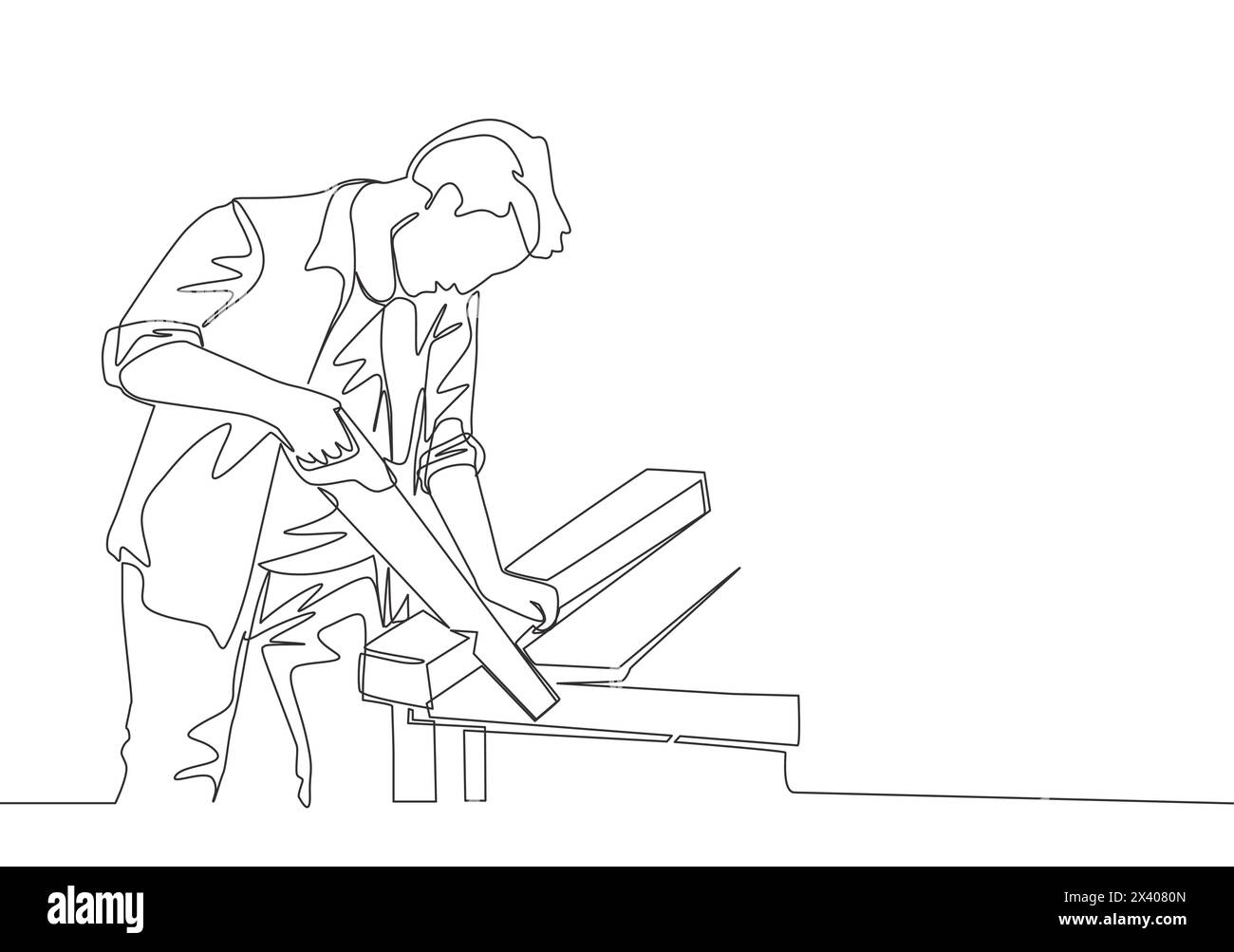 One single line drawing of young handsome craftsman cutting wooden ...