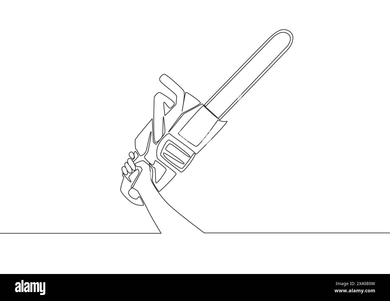 One continuous line drawing of man holding chainsaw. Woodworker tools ...