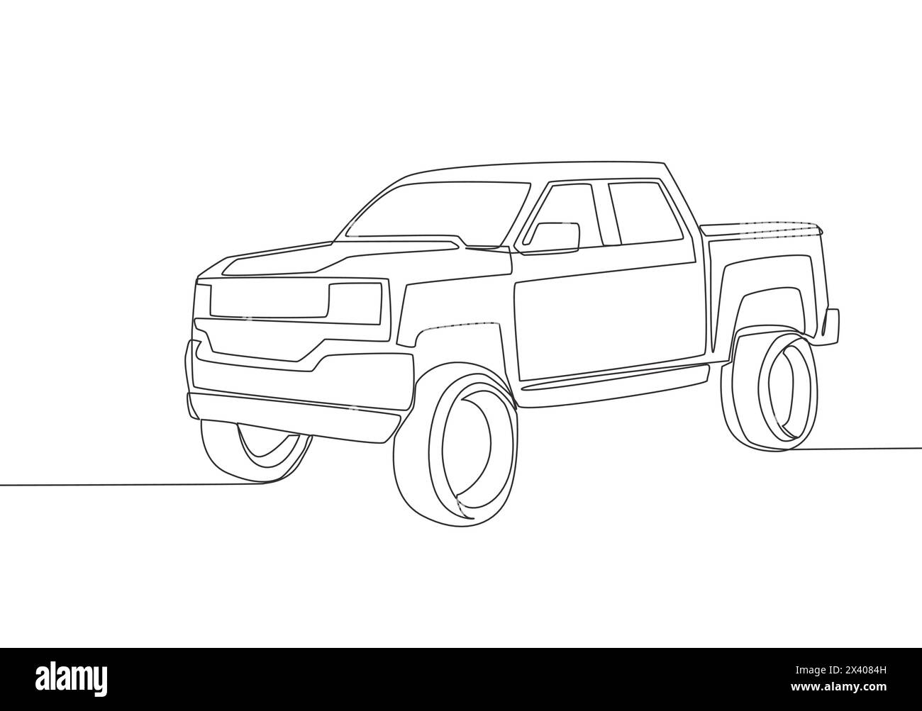 Single line drawing of tough pickup truck car. Cargo logistics carrier ...