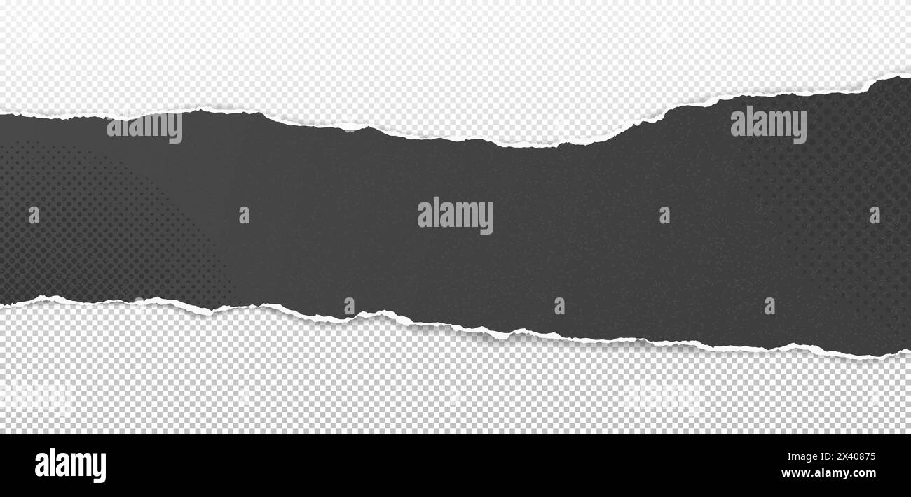 Torn, ripped black dusty paper strip with soft shadow is on black and ...