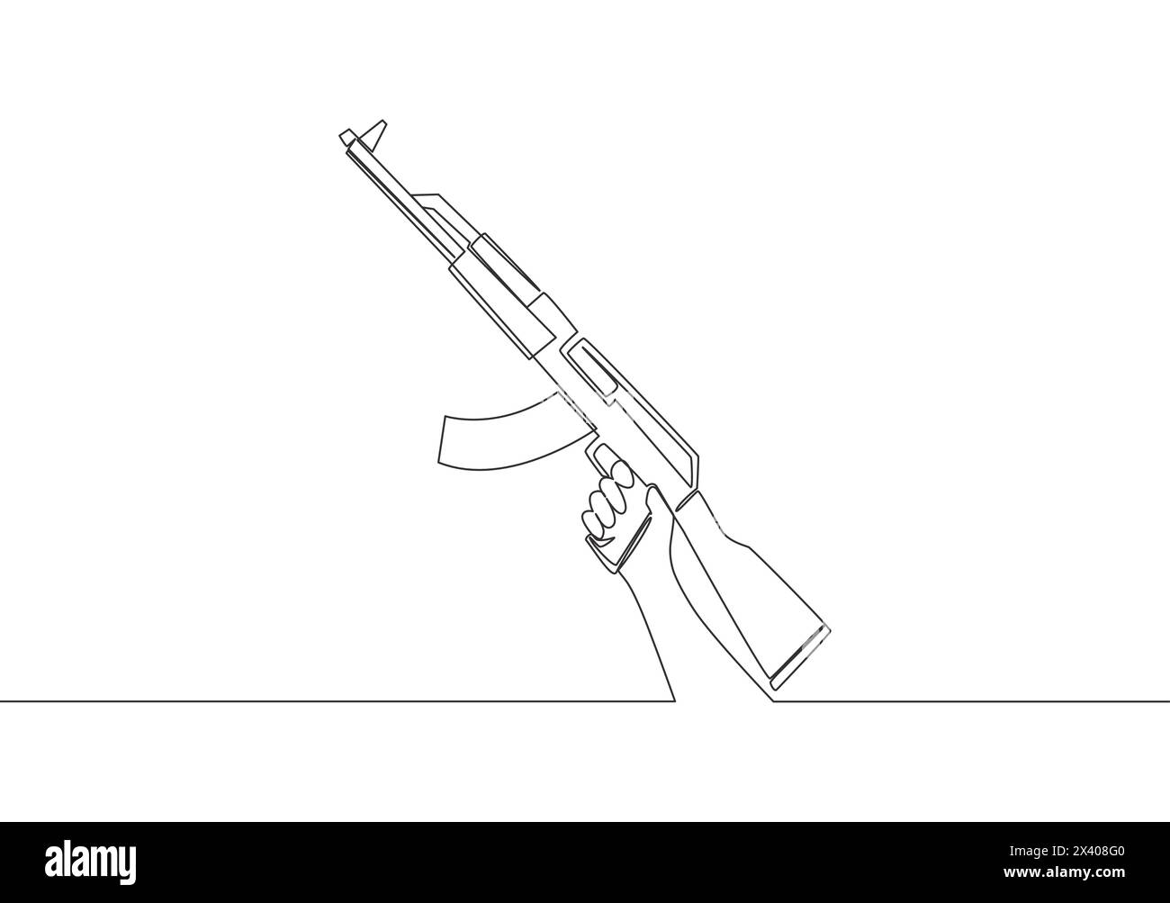 Single continuous line drawing of man holding military assault rifle ...