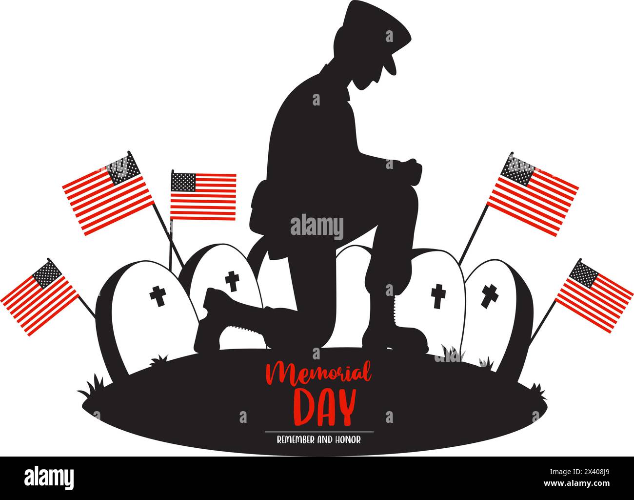 Memorial Day card. Veterans Cemetery. Military soldier on one knee in ...