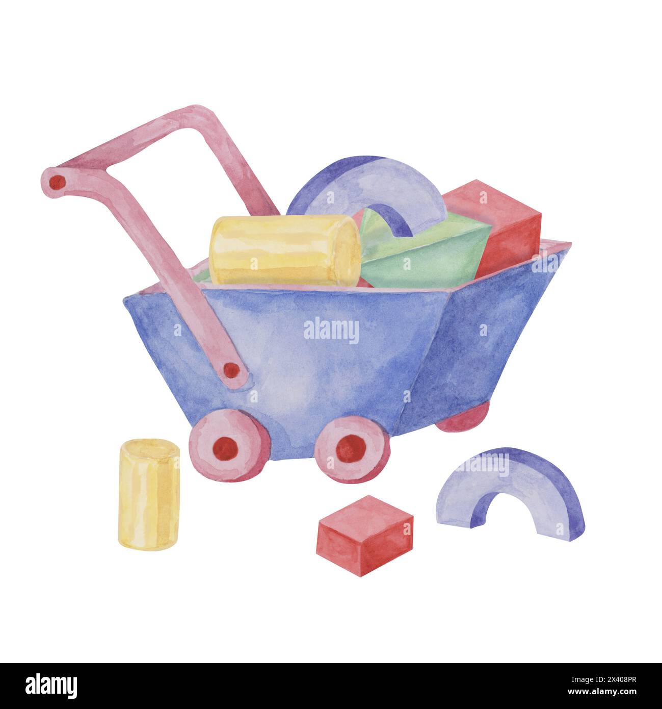 Toy wheelbarrow with multicolored building blocks. Retro play objects ...