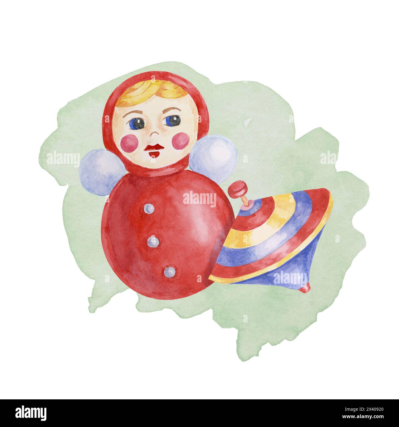 Humming top toy and roly-poly. Red tumbler doll and retro whirligig ...