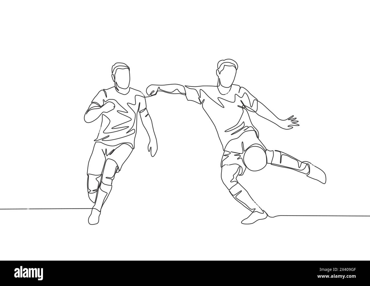 One continuous line drawing of young energetic striker kicking the ball ...