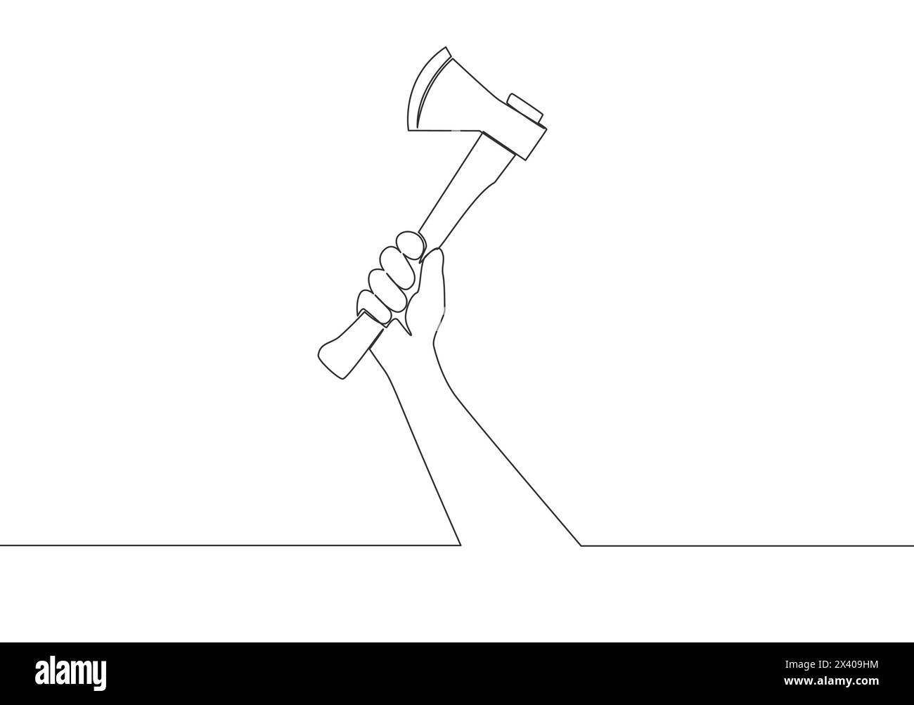 One single line drawing of man holding hand axe. Carpenter tools ...