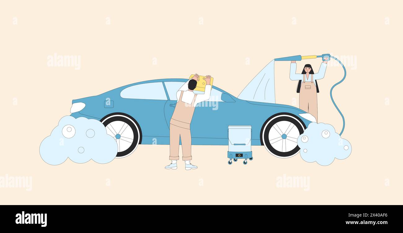 Car wash process . Vehicle clean station. Repair auto garage. Vector ...