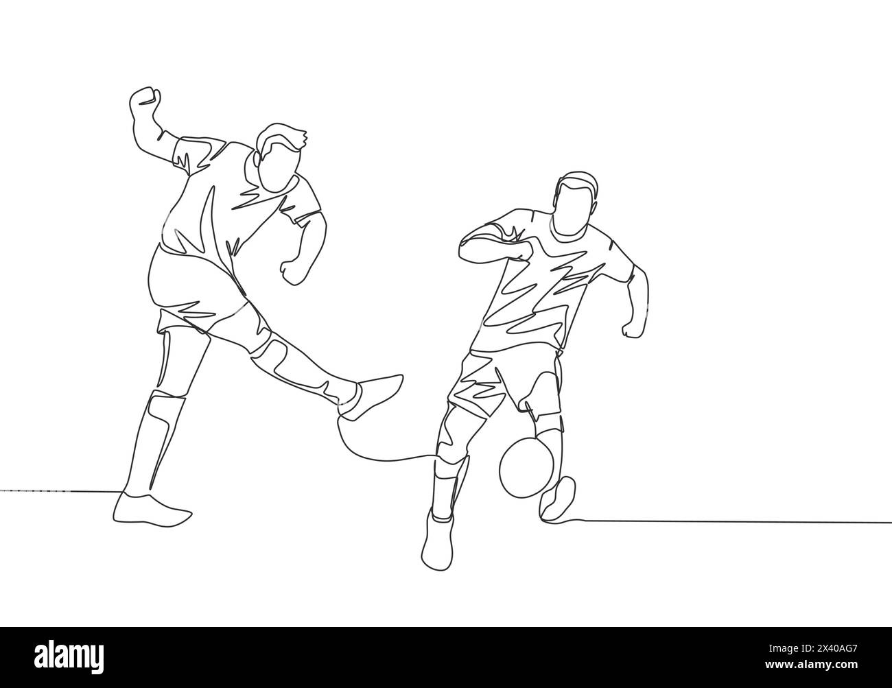 One continuous line drawing of young football striker shooting the ball ...