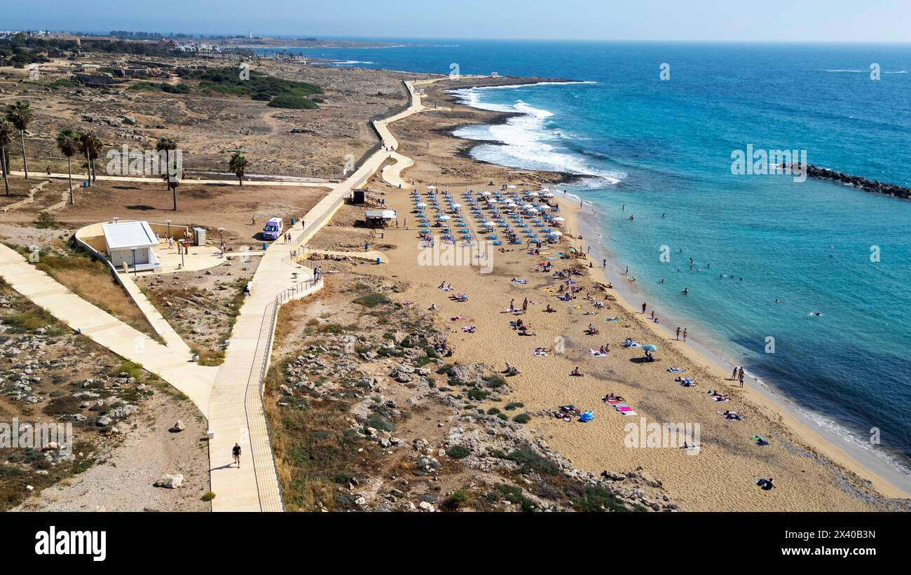 Aerial view of the paphos coastal path at Venus beach, Tomb of the ...