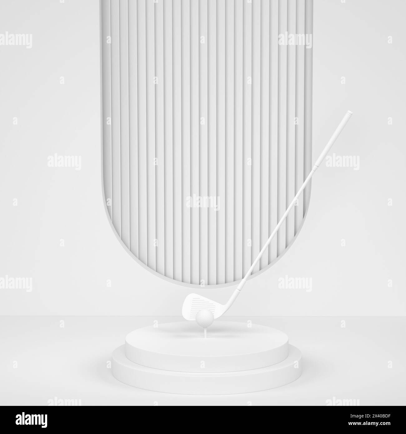 Golf club with ball on cylinder podium with steps on monochrome ...