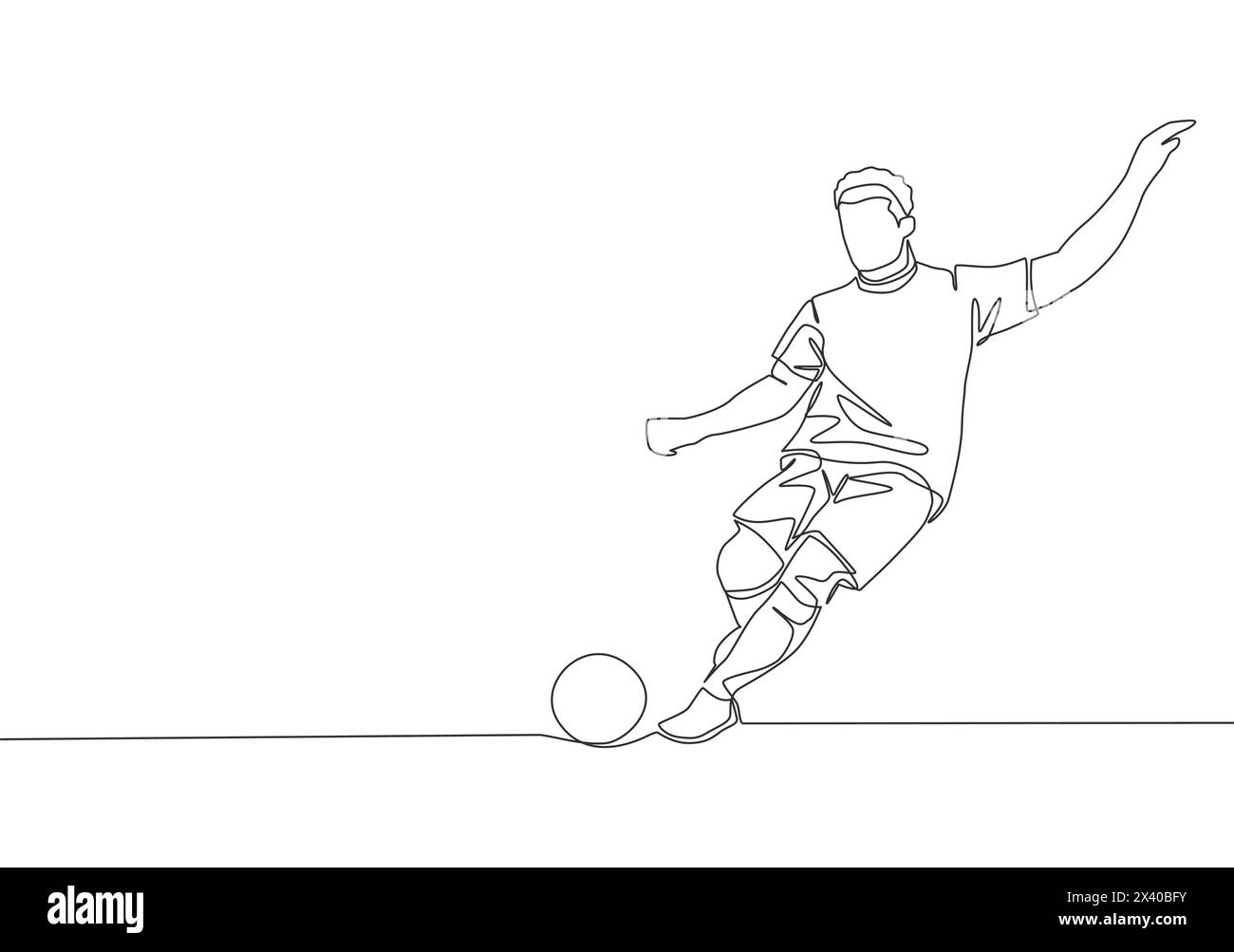 One continuous line drawing of young talented football player take a ...