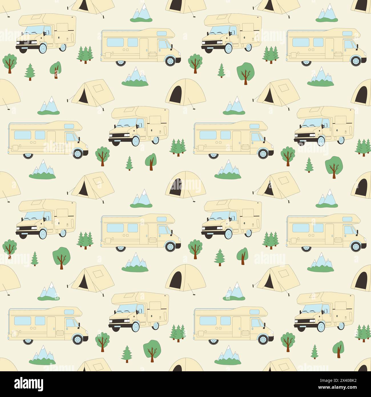 Camping seamless pattern. Van with tents and sleeping bag endless ...
