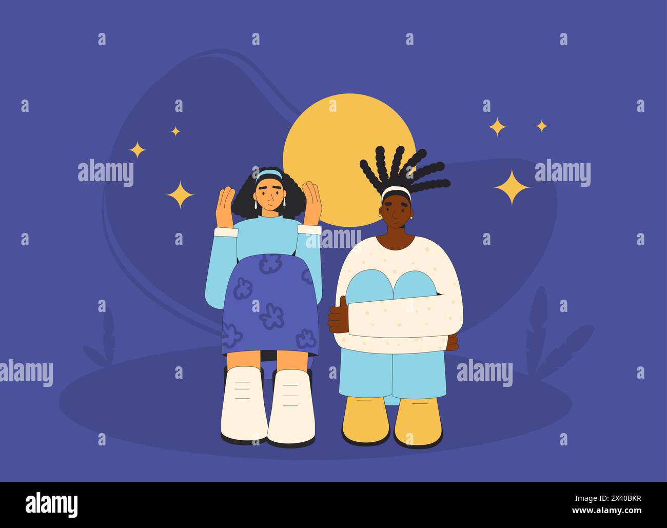 Two girls sitting and talking at night. Teenagers characters friendship ...