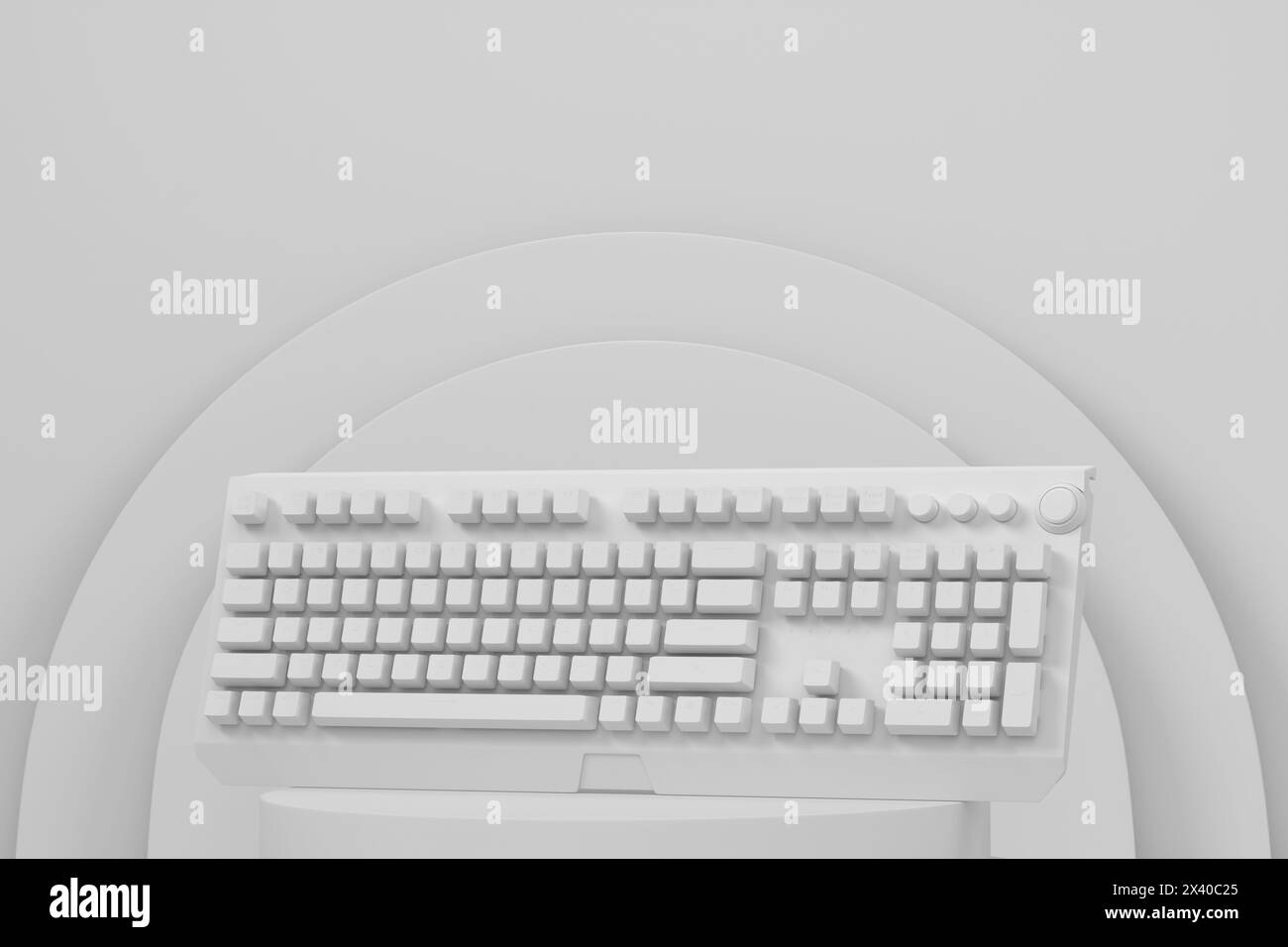 Realistic computer keyboard on cylinder podium with steps on monochrome ...