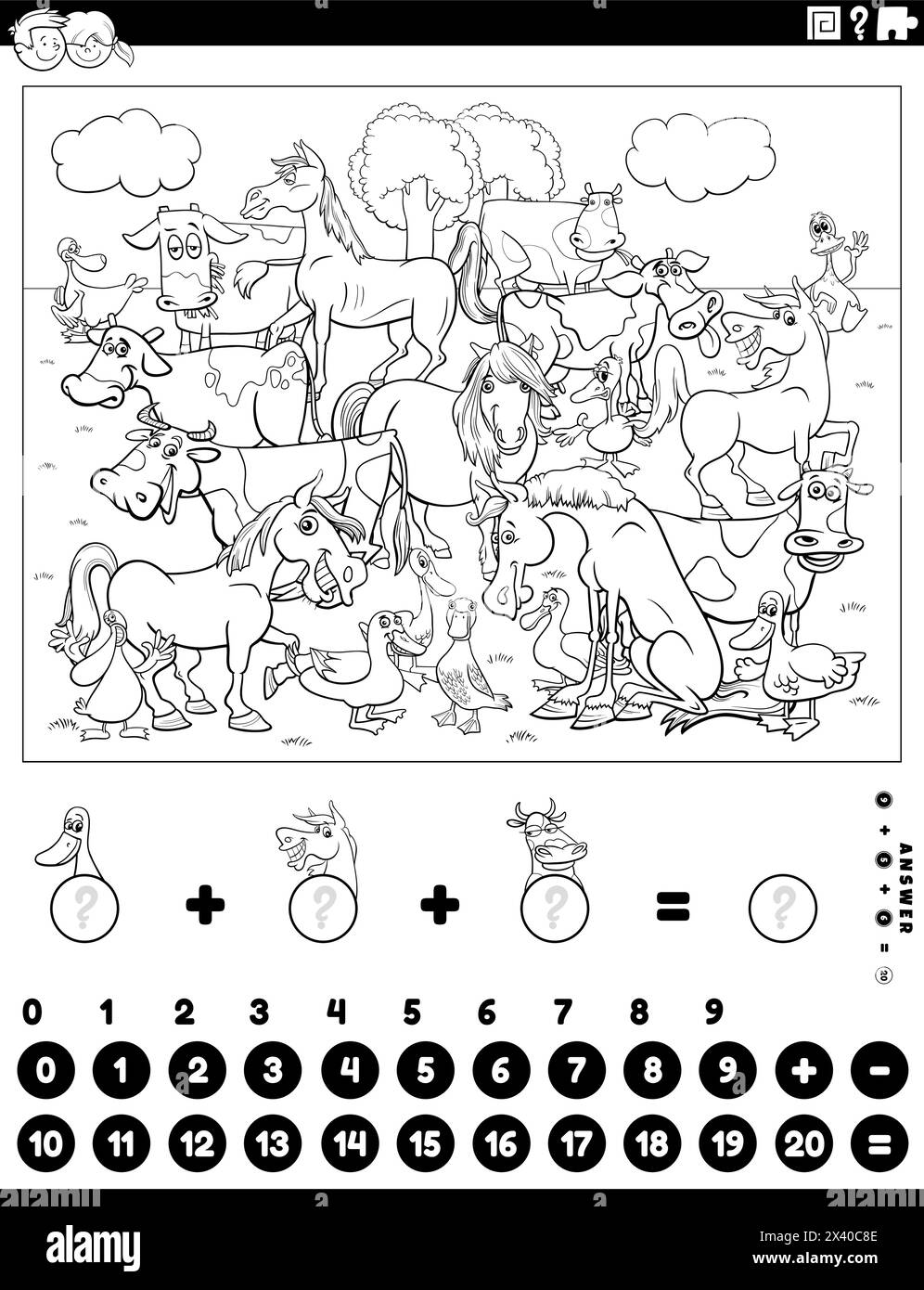 Cartoon illustration of educational mathematical counting and addition activity for children ...