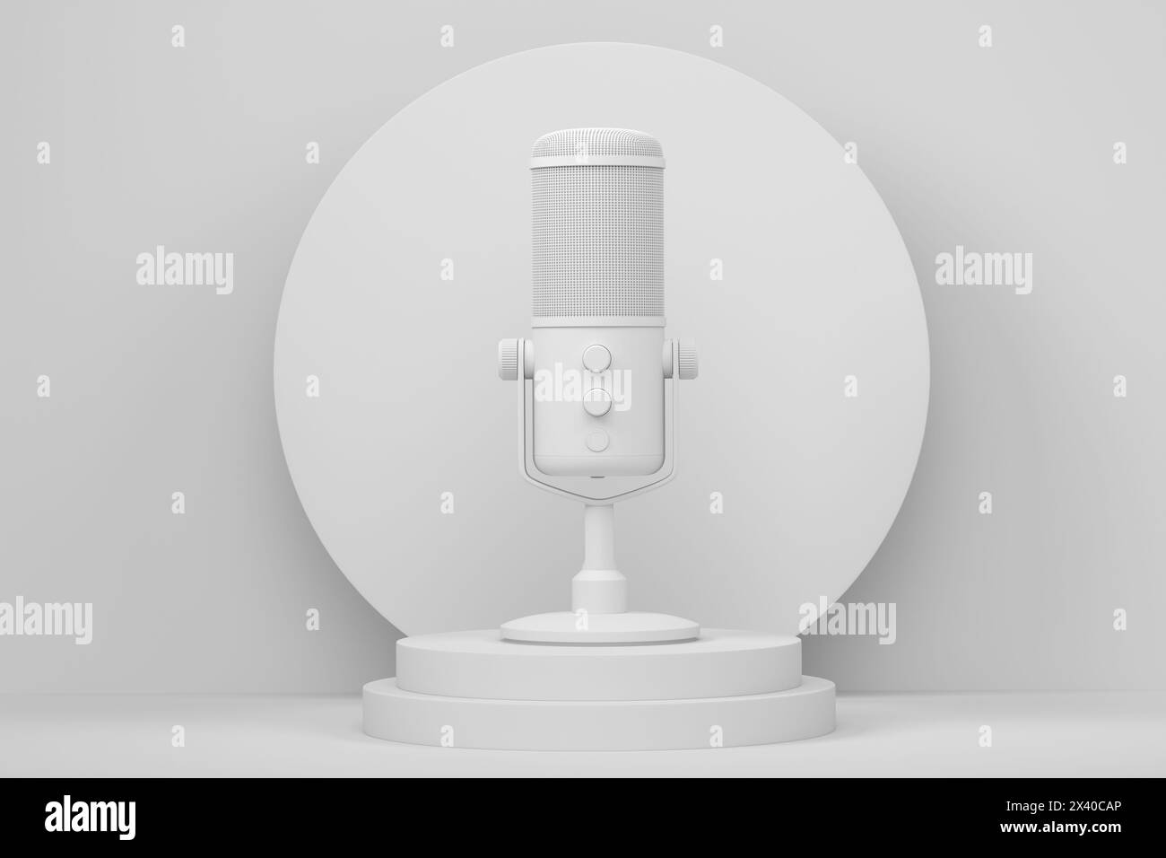Studio condenser microphone on cylinder podium with steps on monochrome ...