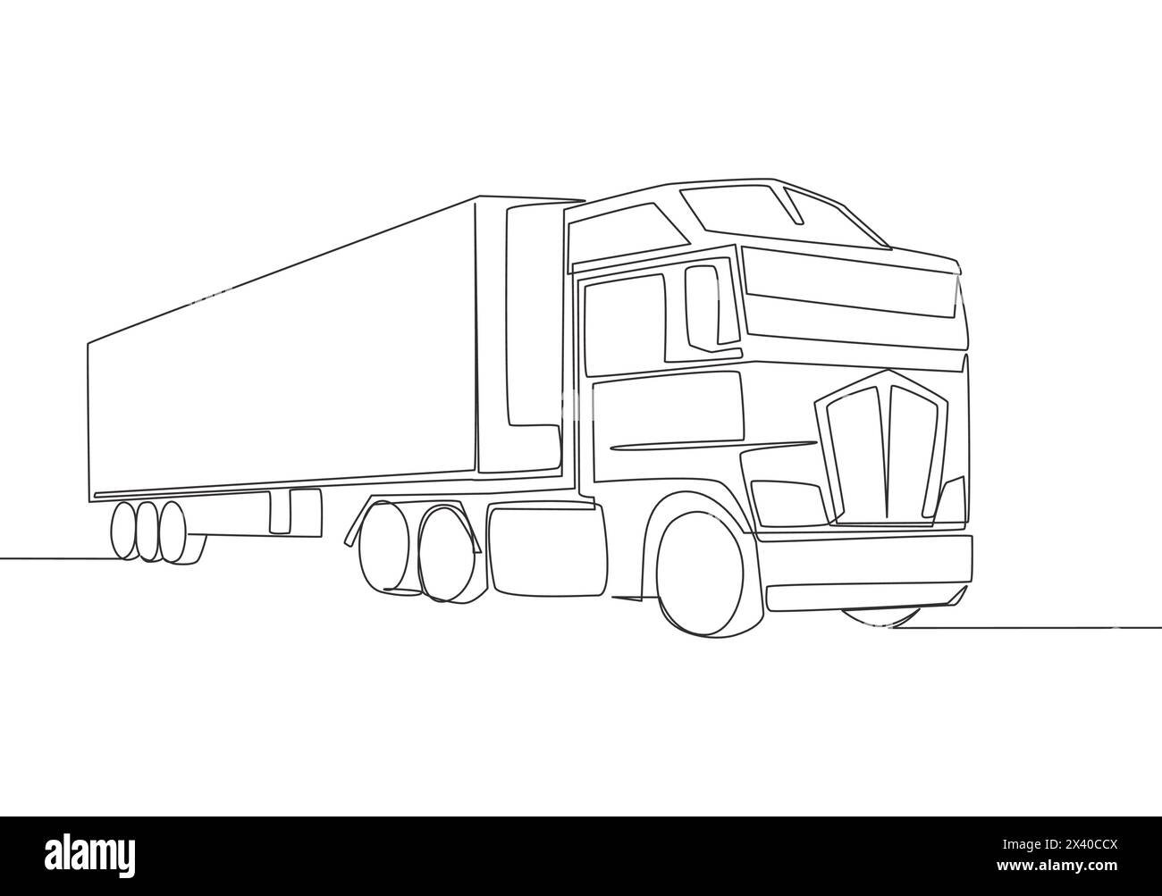 One line drawing of modern big trailer truck with container. Courier ...