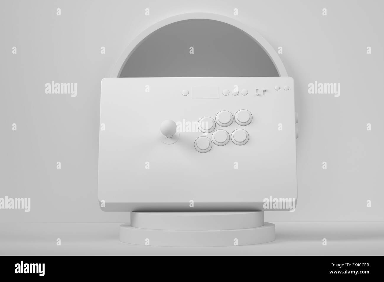 Vintage arcade stick with joystick on cylinder podium with steps on ...