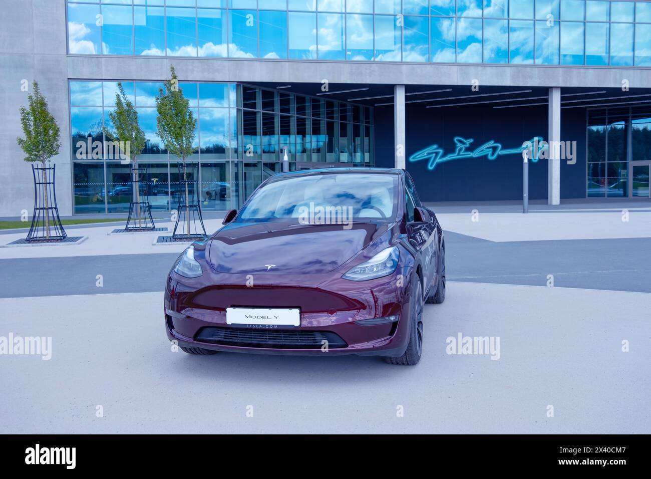 cherry red Tesla model y electric car front Gigafactory Berlin ...