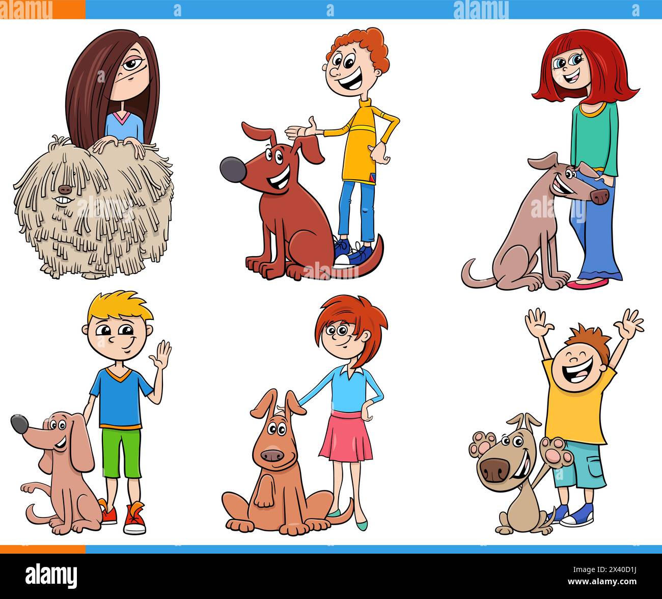 Cartoon illustration of children or teens with their dogs and puppies ...