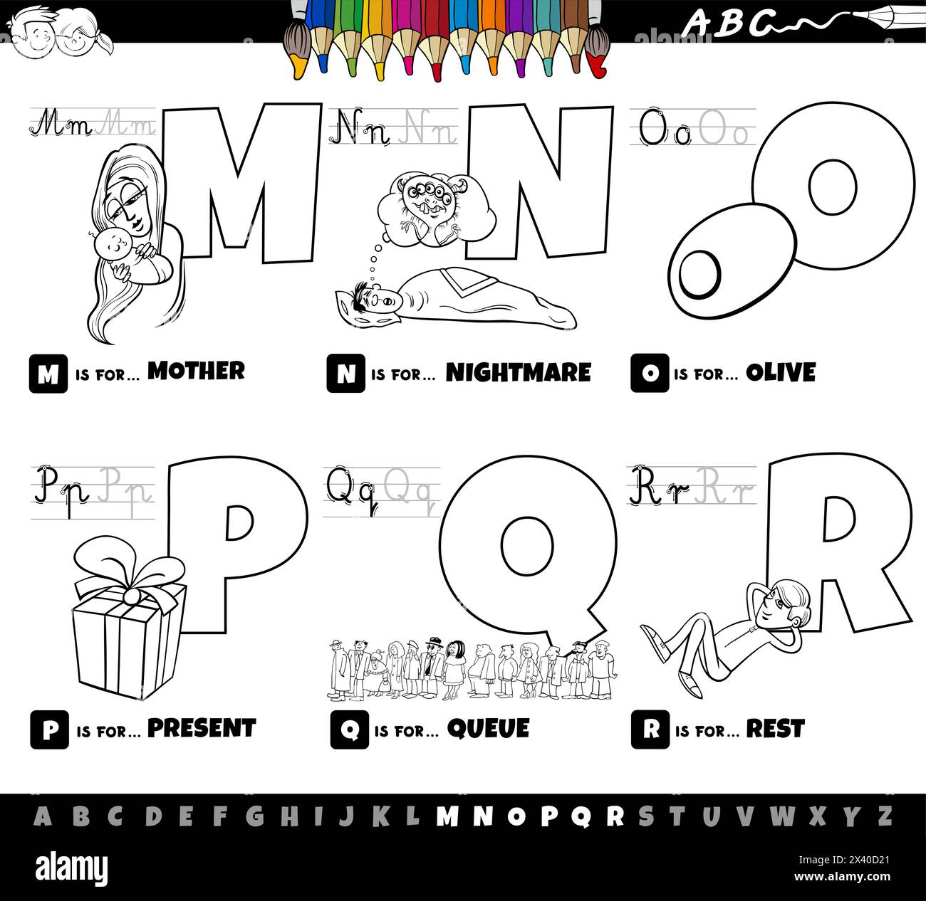Black and white cartoon illustration of capital letters from alphabet ...