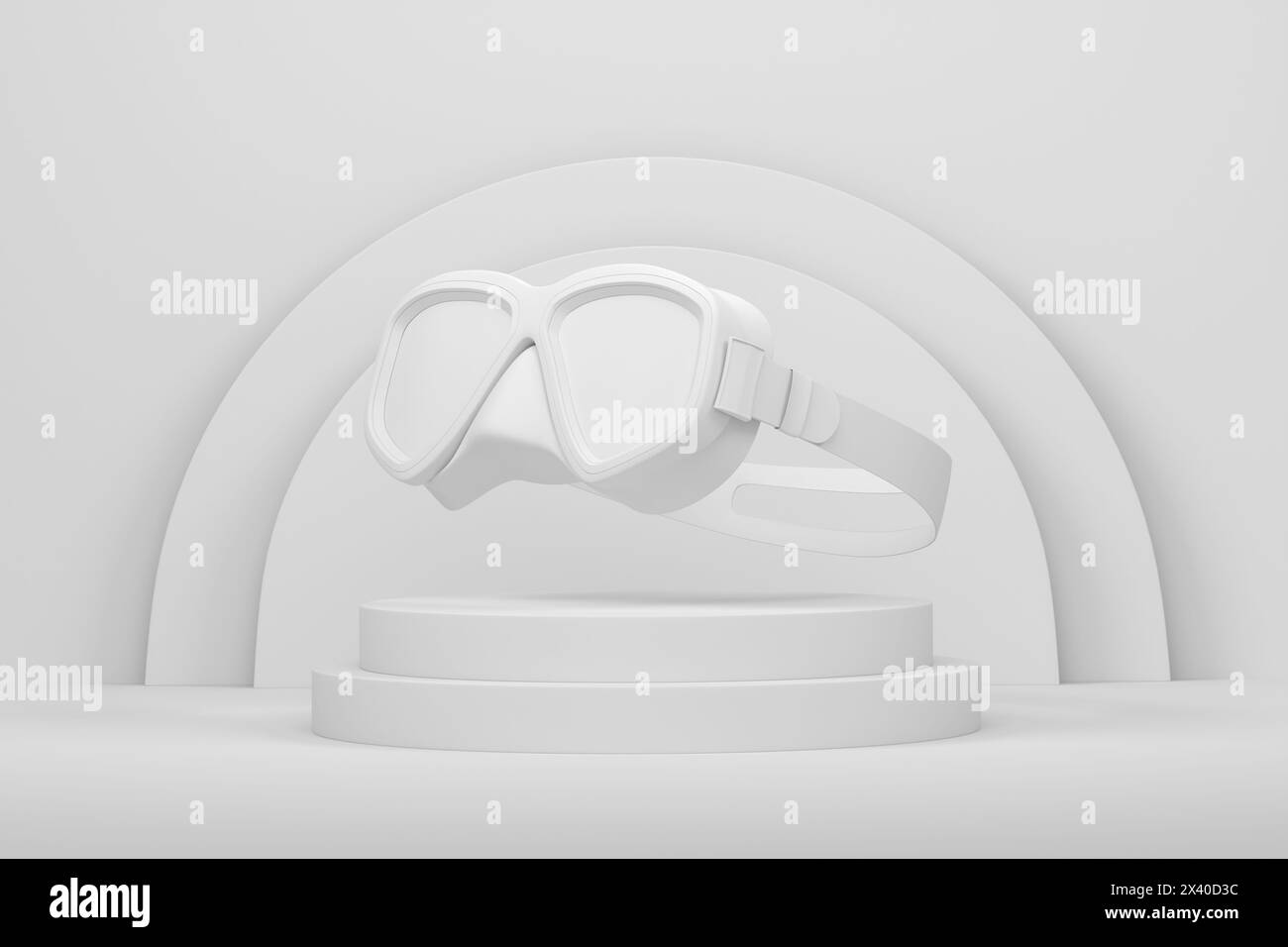 Diving mask for snorkeling on cylinder podium with steps on monochrome ...