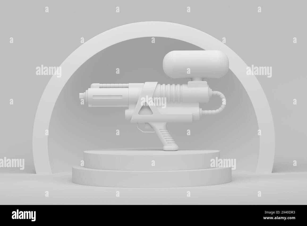 Plastic water gun toy on cylinder podium with steps on monochrome ...
