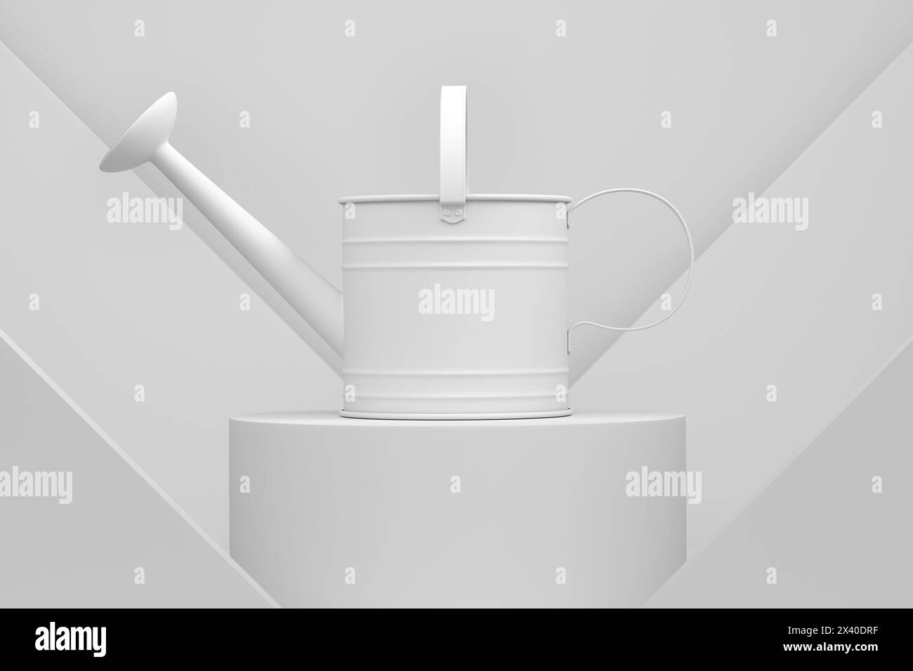 Watering can on cylinder podium with steps on monochrome background. 3d ...