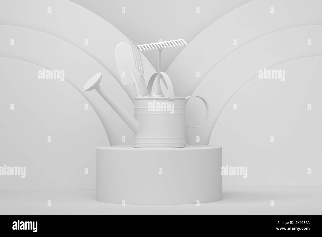 Watering can with garden tools on cylinder podium with steps on ...