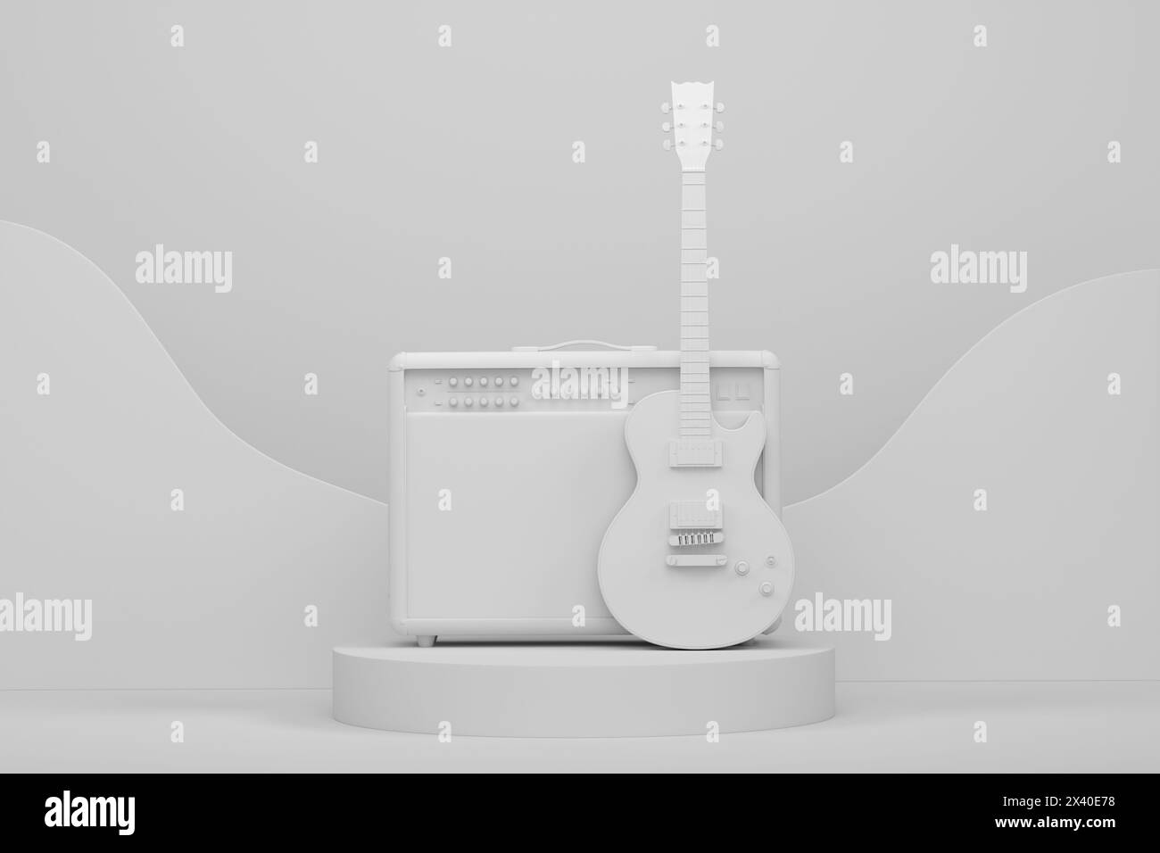 Amplifier with acoustic guitar on cylinder podium with steps on ...