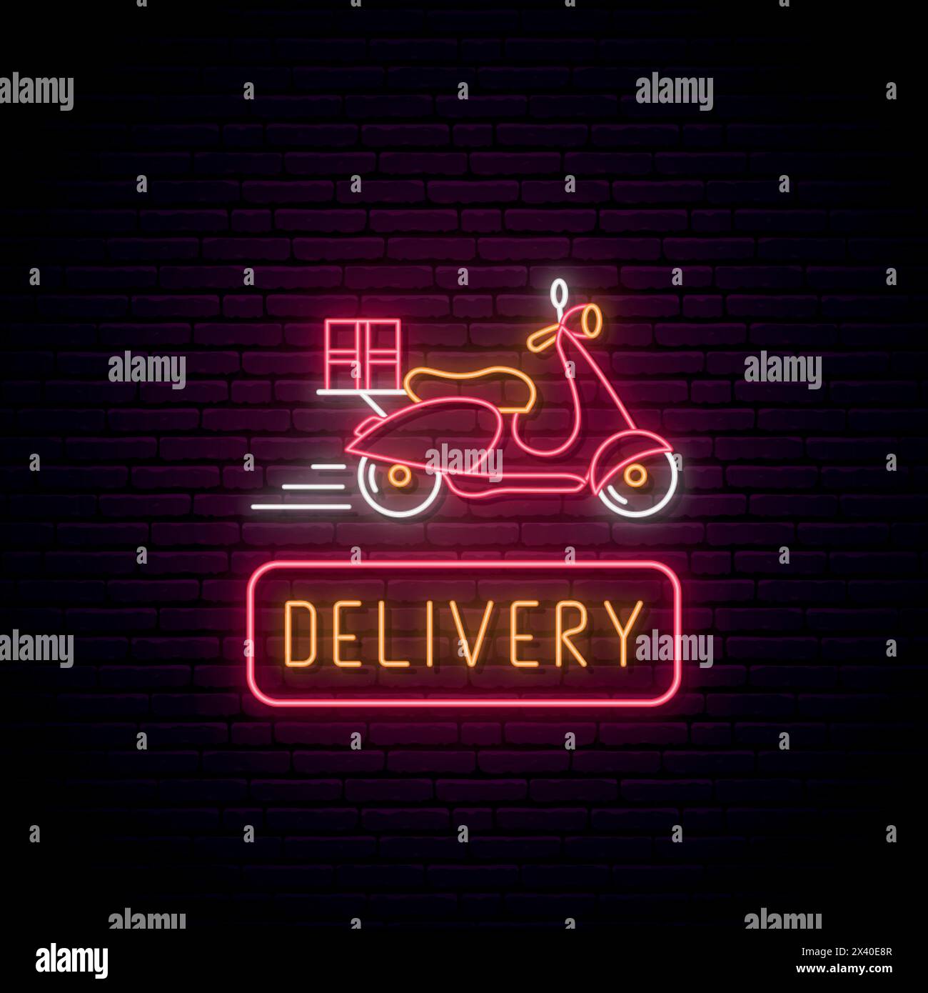 Neon delivery scooter sign. Glowing food delivery emblem with courier ...