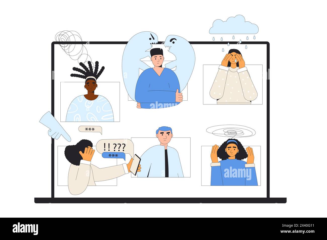 Psychosocial support group online. Mental problems characters. Young ...