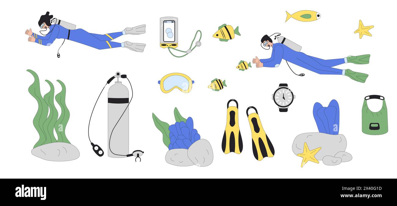 Diving set. Man and woman divers swimming in water suits, oxygen masks ...