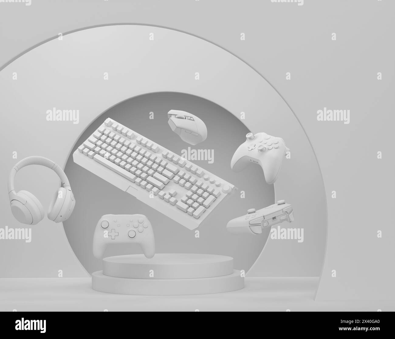 Set of video game joystick, keyboard and headphones on monochrome ...