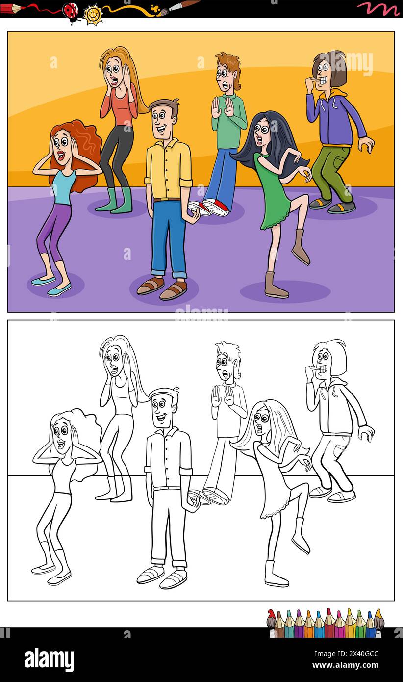 Cartoon illustration of surprised or scared people comic characters ...