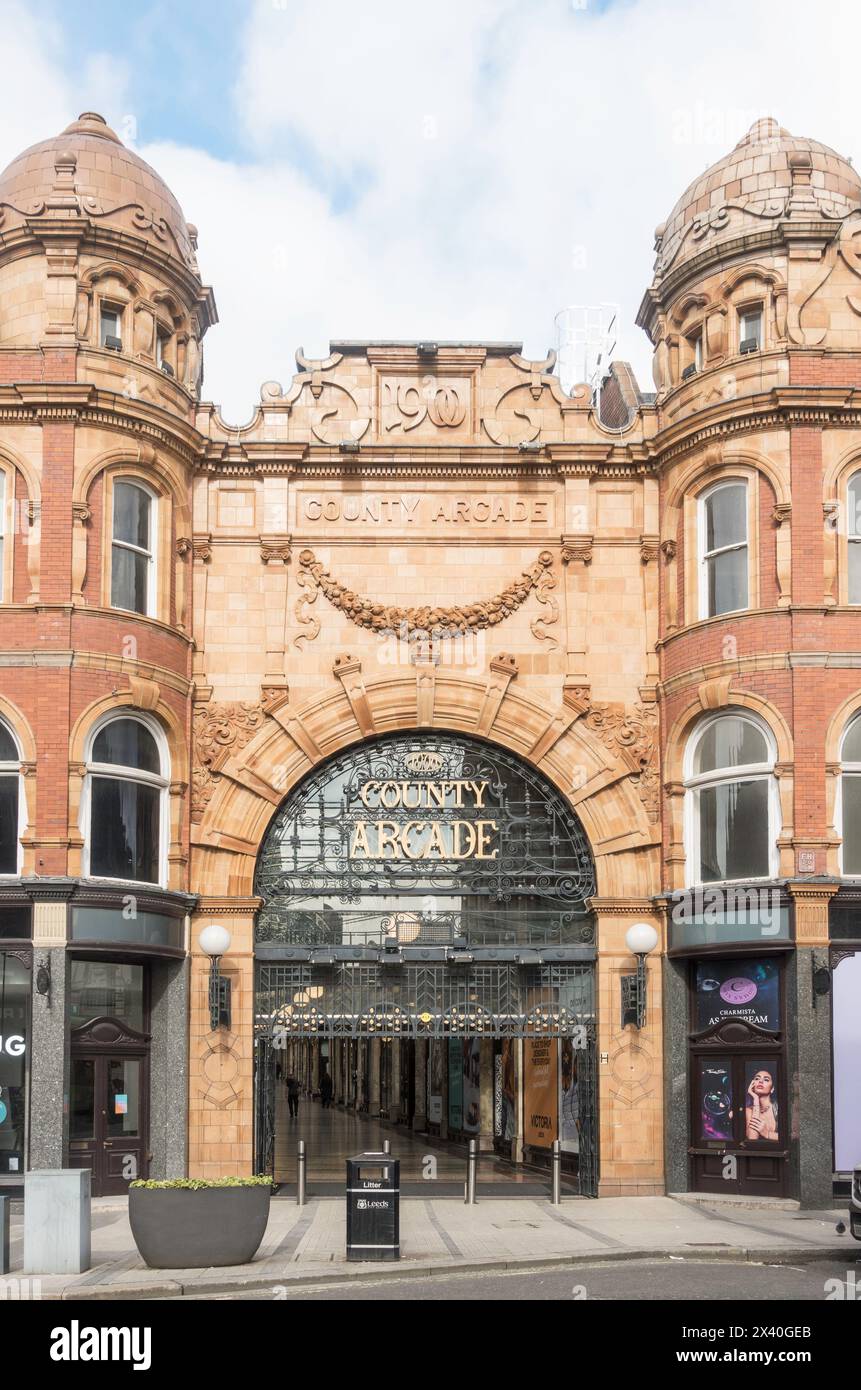 Entrance to the County Arcade in Leeds city centre, Yorkshire, England ...