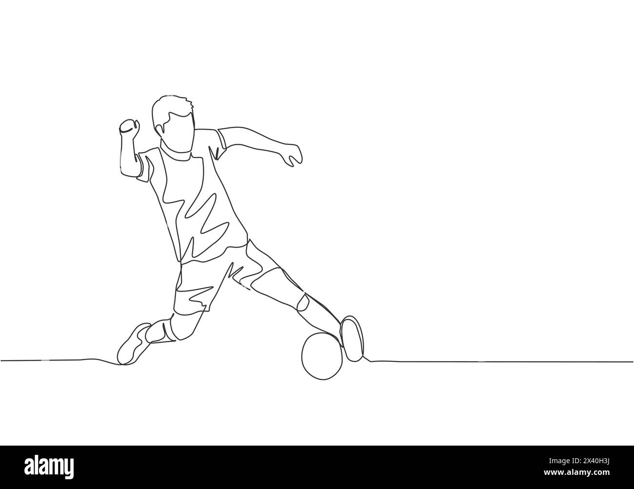 One single line drawing of young football player with short sleeve ...