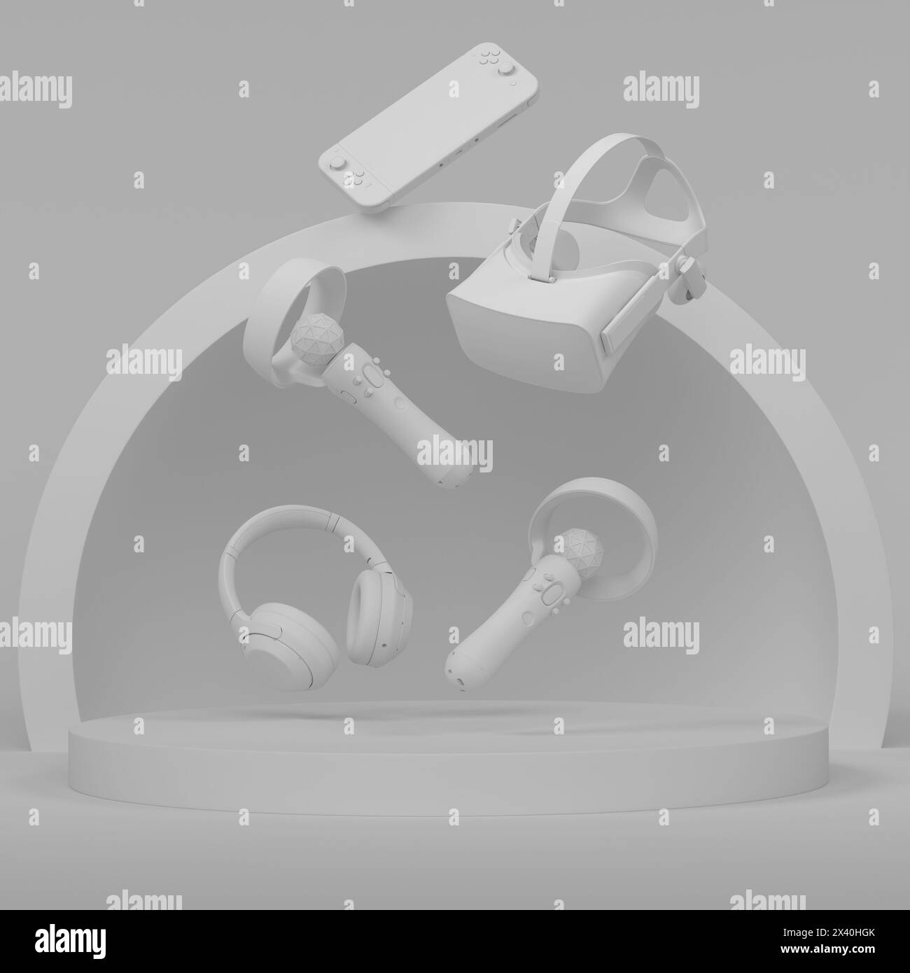 Set of video game joystick, VR glasses and headphones on cylinder ...