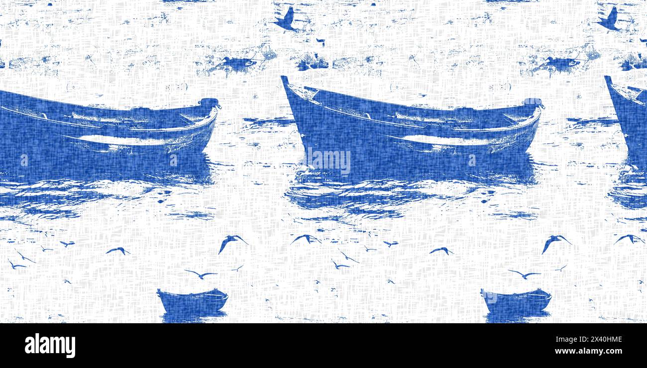 Coastal sail boat in azure ocean blue seamless border background ...