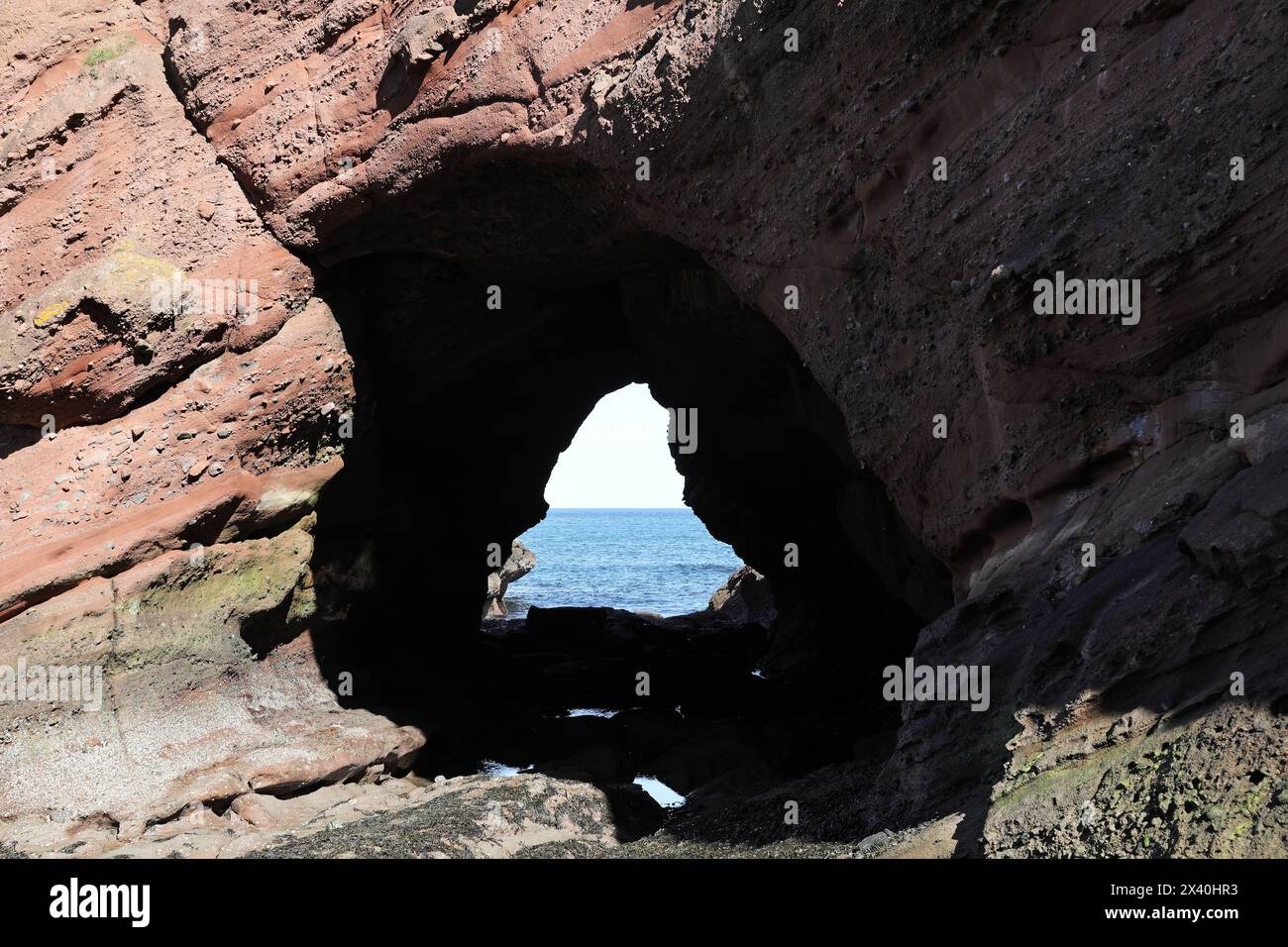 Sea Cave in Red Sandstone Conglomerate Rock, Aberdour, Fife Coast ...