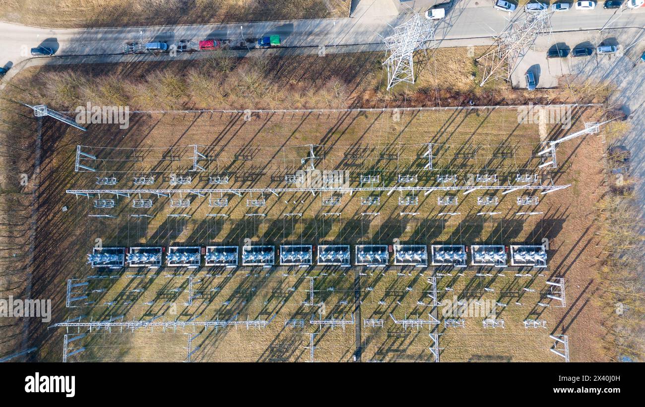 Drone photography of large electric substation in a city during sunny ...
