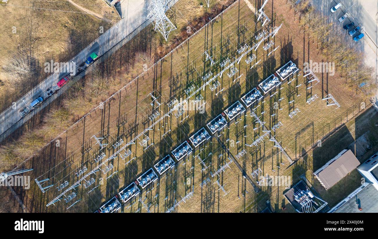 Drone photography of large electric substation in a city during sunny ...
