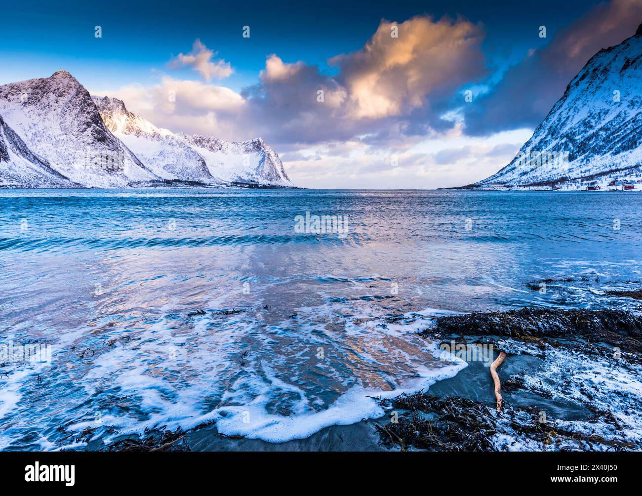 Norway, city of Tromso, Island of Senja, Steinfjord under the snow ...
