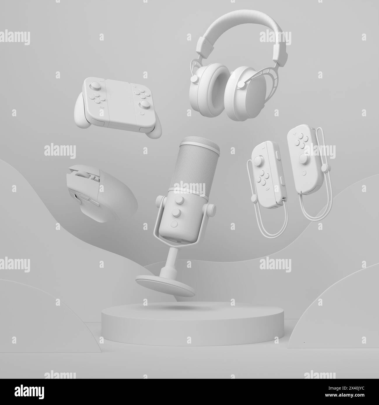 Set of video game joystick, microphone and headphones on monochrome ...