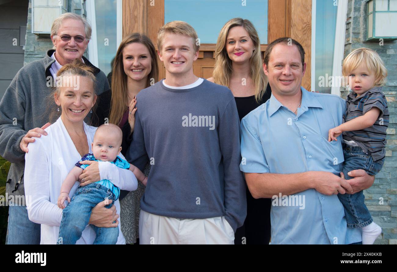 Outdoor portrait of a multi-generation family; San Diego, California ...