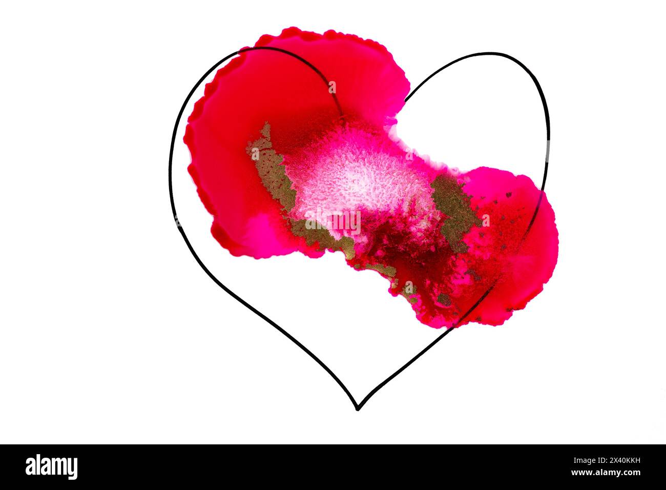 Ink art, Ink Hearts, with pink, red and gold floral influences on a ...