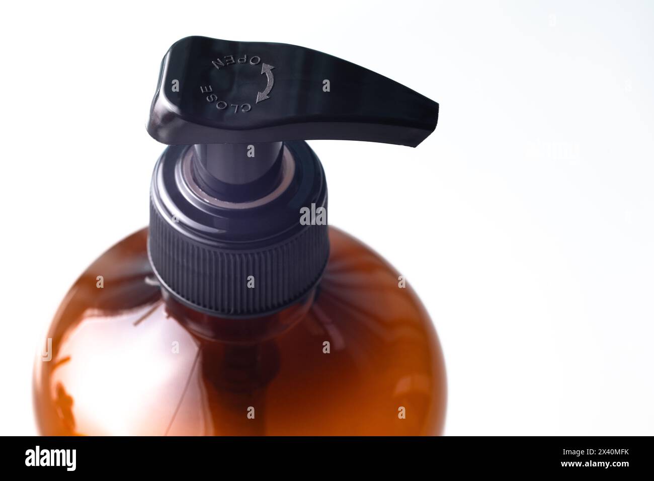 Liquid soap dispenser button, transparent plastic bottle, top view ...