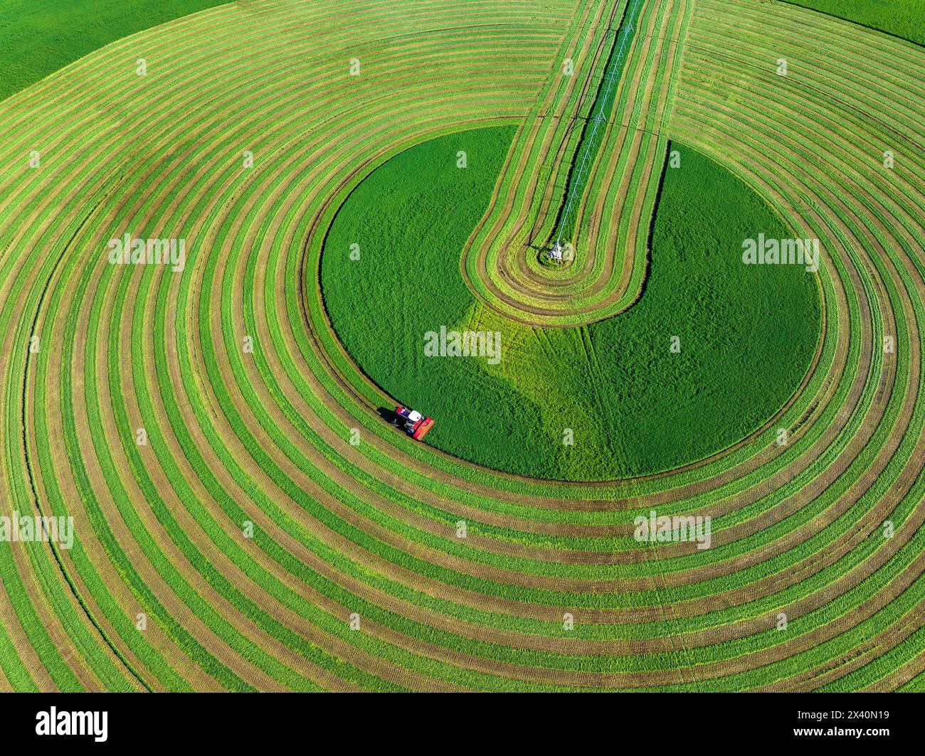 Aerial view of a green field being cut in a circular pattern with ...